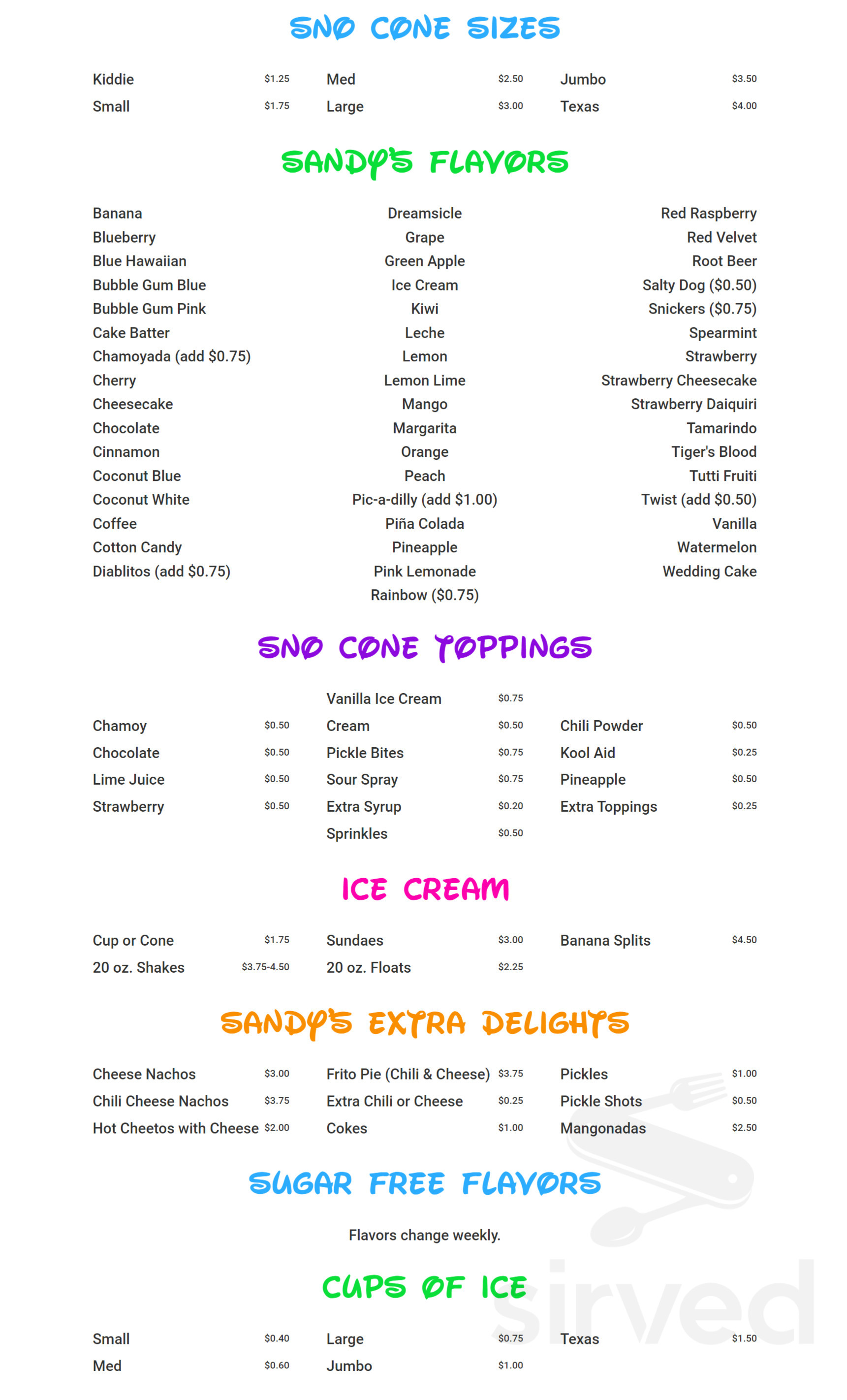 Sandy's Sno Cone Stand menu in Rosenberg, Texas, USA