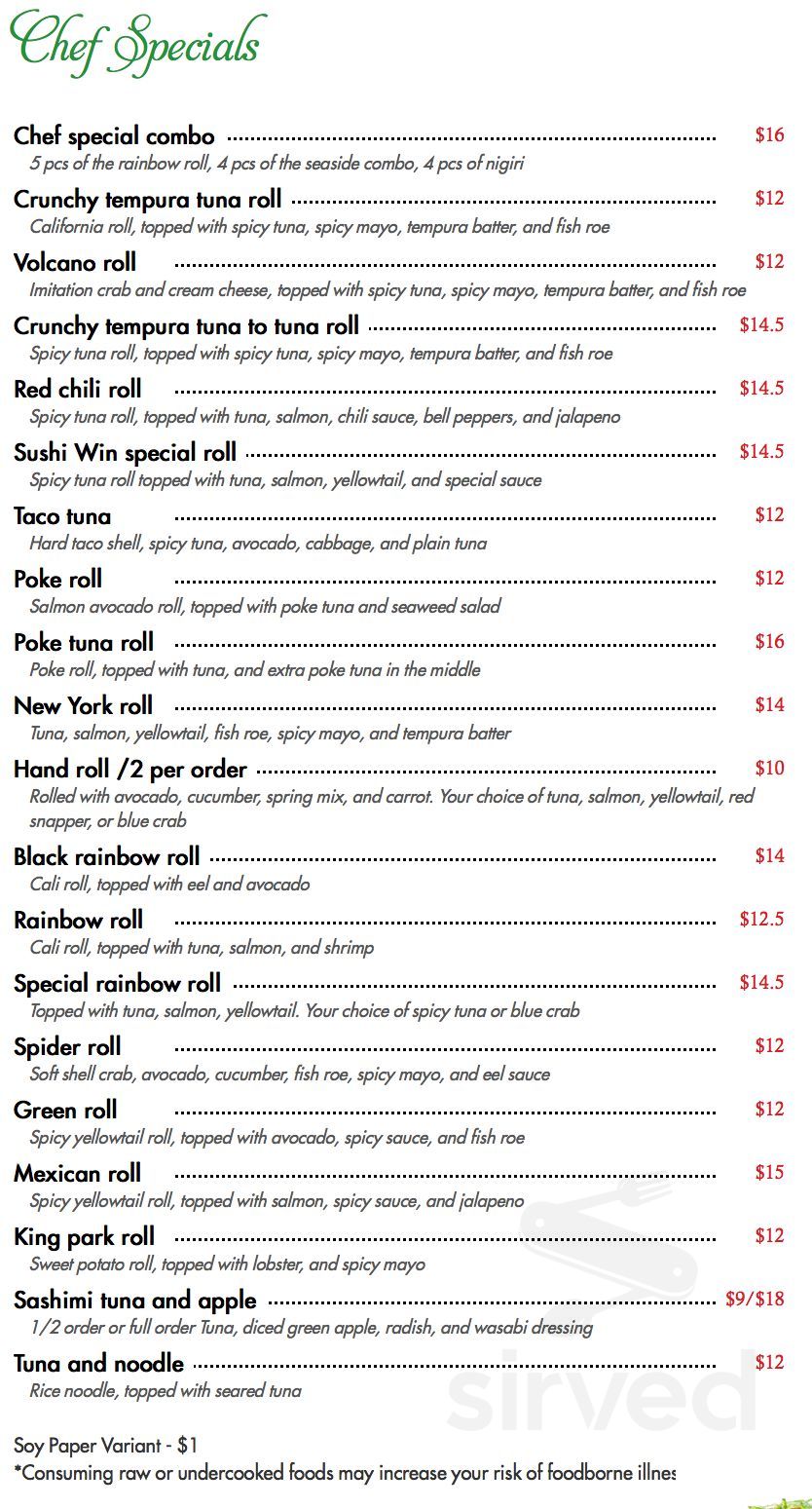 Sushi Win menu in Evergreen, Colorado, USA