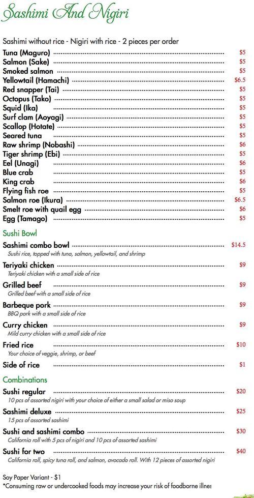 Sushi Win menu in Evergreen, Colorado, USA