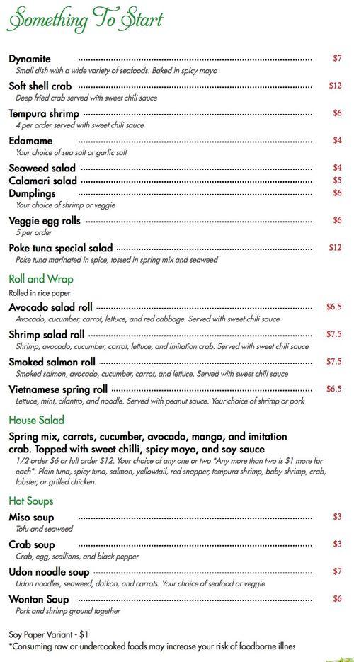 Sushi Win menu in Evergreen, Colorado, USA