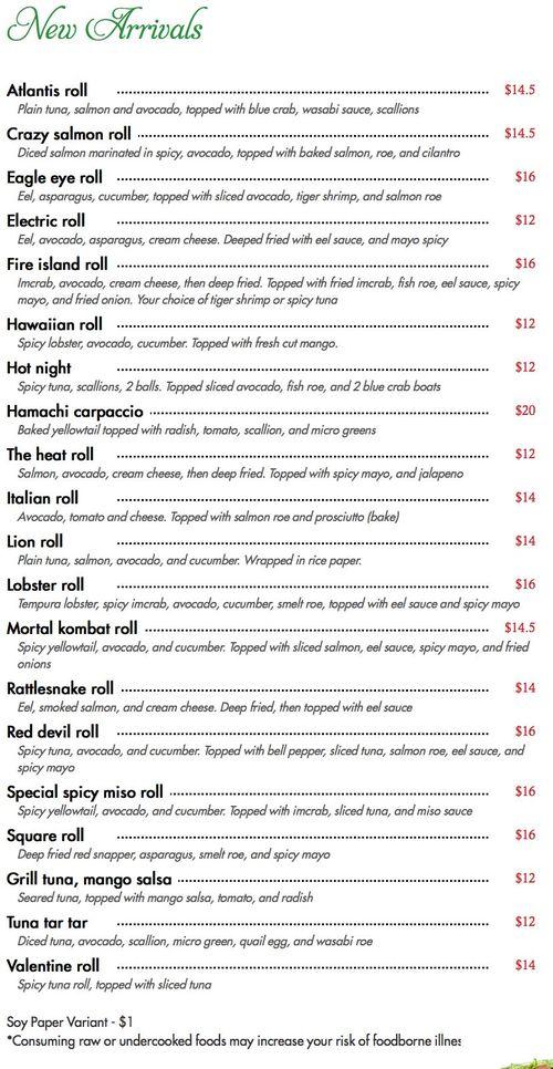 Sushi Win menu in Evergreen, Colorado, USA
