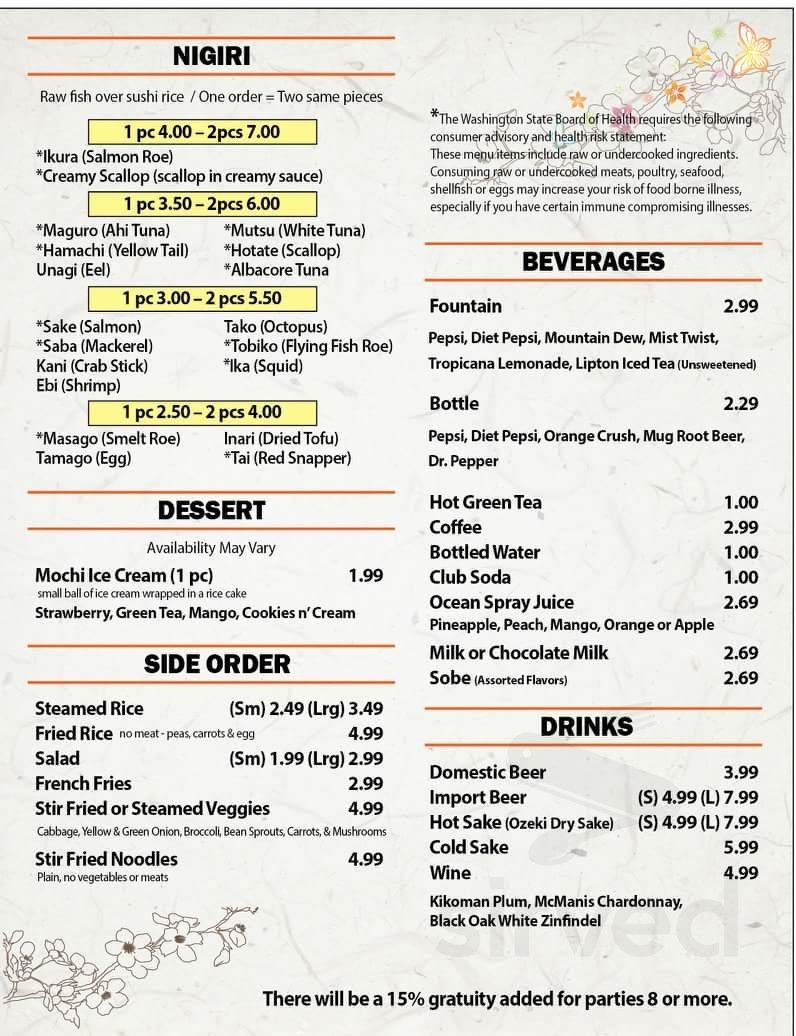 Mana Sushi & Teriyaki Wok menu in Port Orchard, Washington, USA