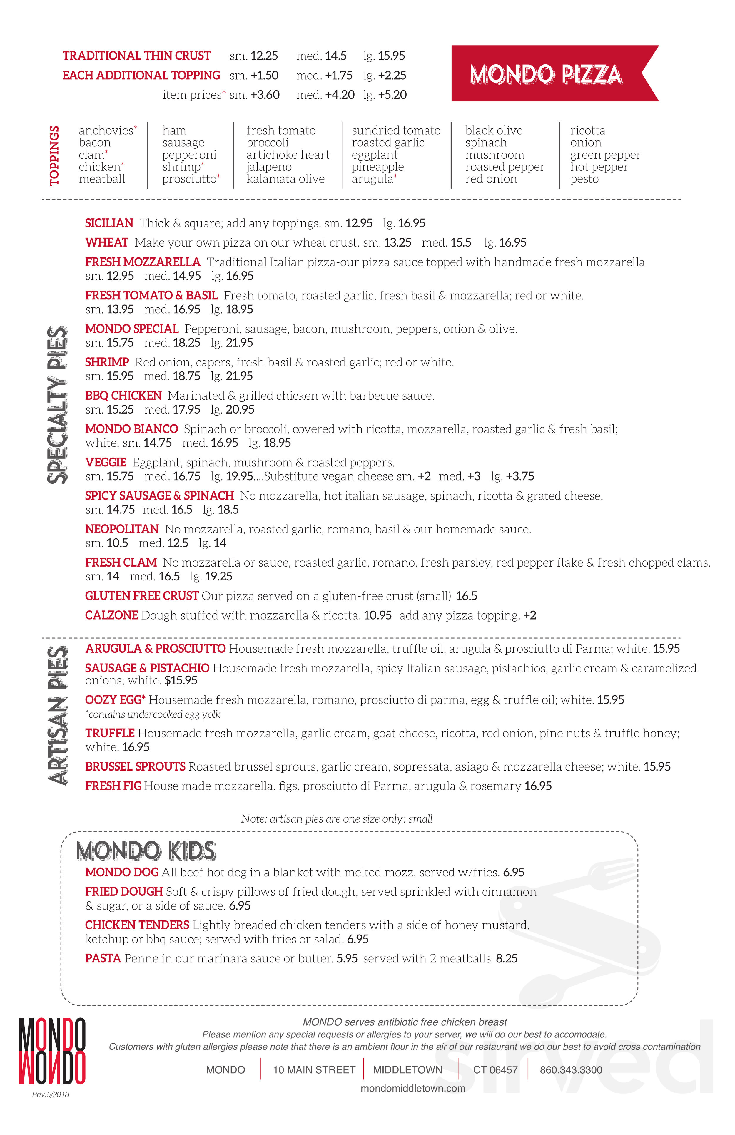 Mondo menu in Middletown, Connecticut, USA