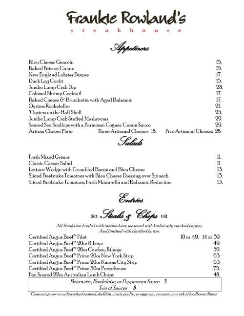 Frankie Rowland's Steakhouse menu in Roanoke, Virginia, USA