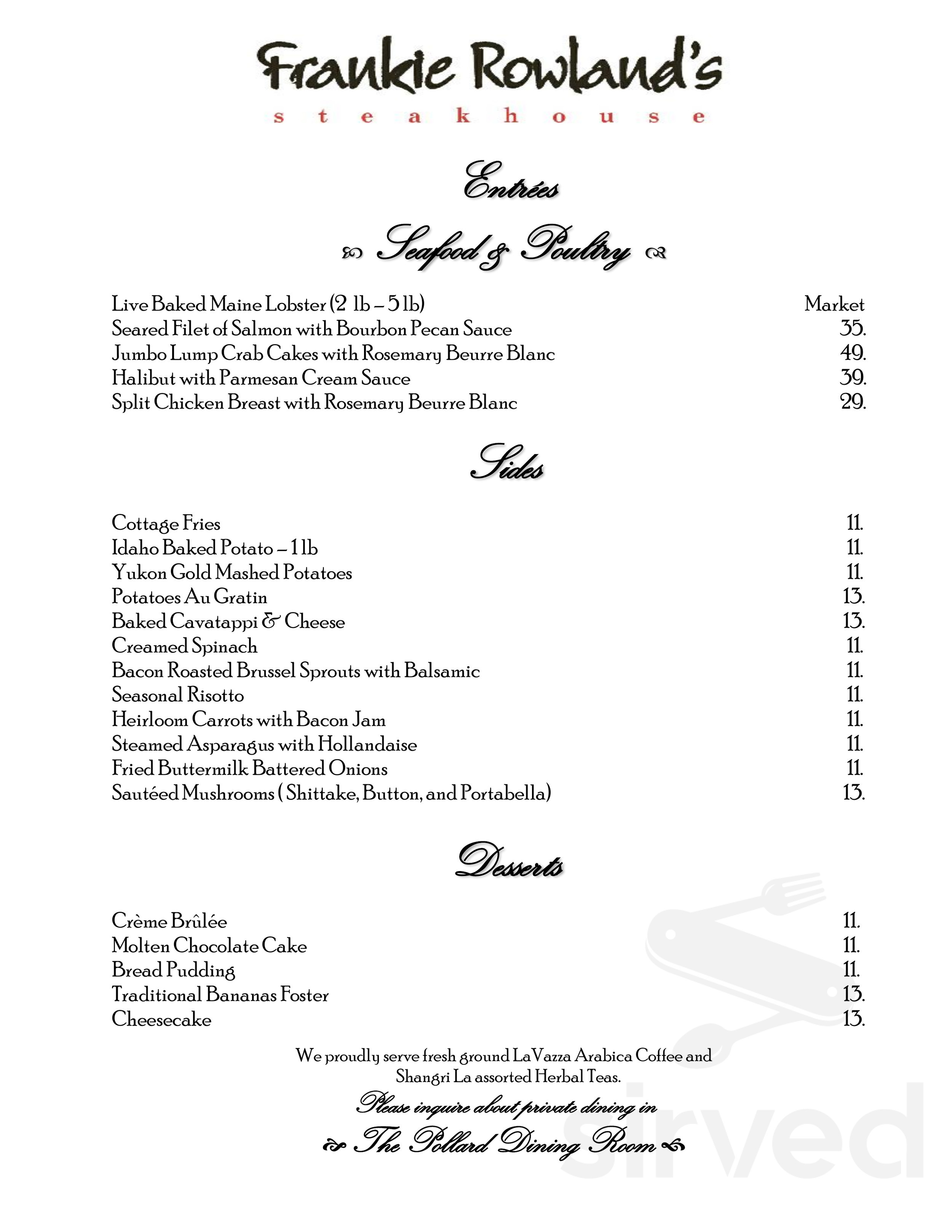 Frankie Rowland's Steakhouse menu in Roanoke, Virginia, USA