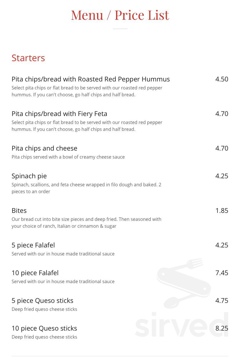Menu - Muskegon MI's Pita Place | Sirved