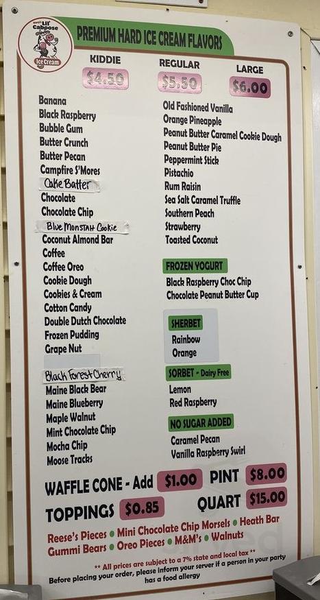 Lil Caboose Ice Cream menu in South Yarmouth, Massachusetts, USA