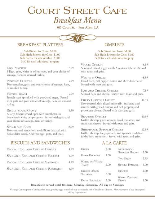 Court Street Cafe menu in Port Allen, Louisiana, USA
