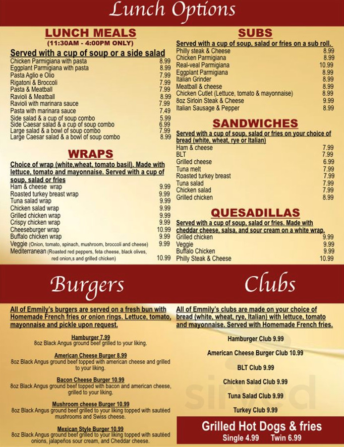 Emmily's menu in Johnston, Rhode Island, USA