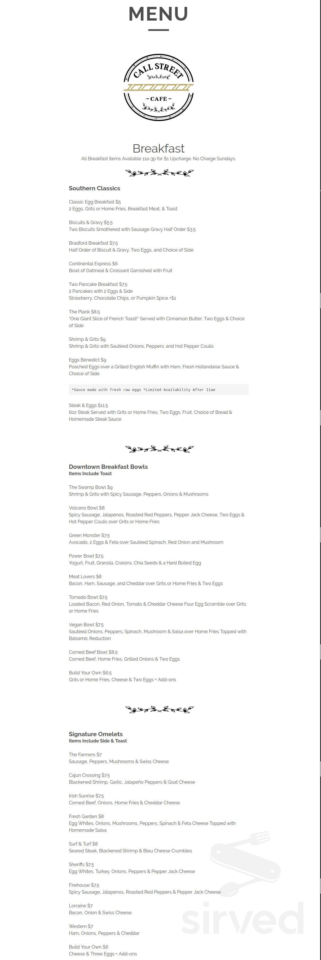 Call Street Cafe menu in Starke, Florida, USA