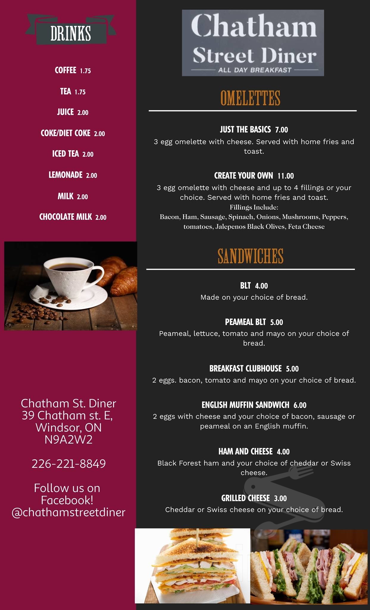 Chatham Street Diner menus in Windsor, Ontario, Canada