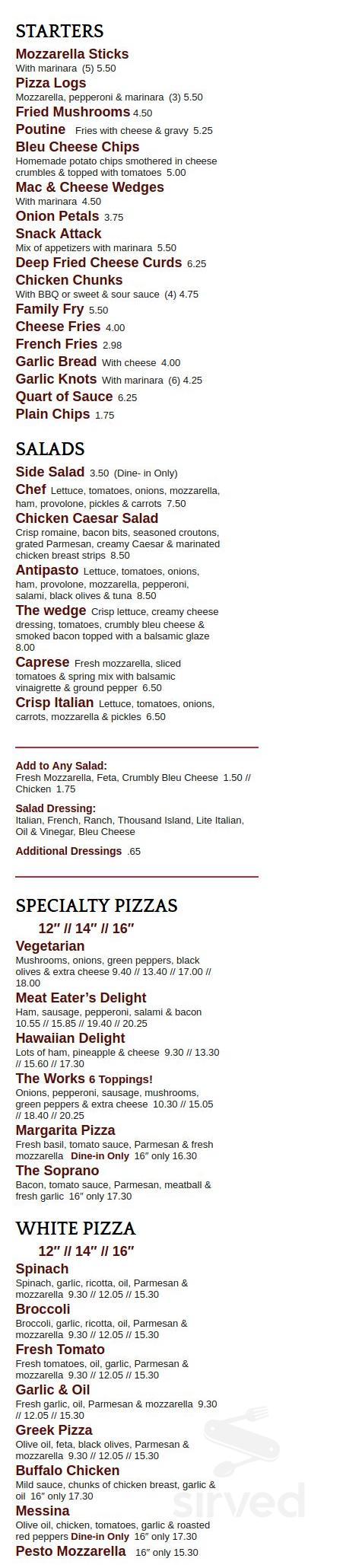 An Italian Affair menu in Massena, New York, USA