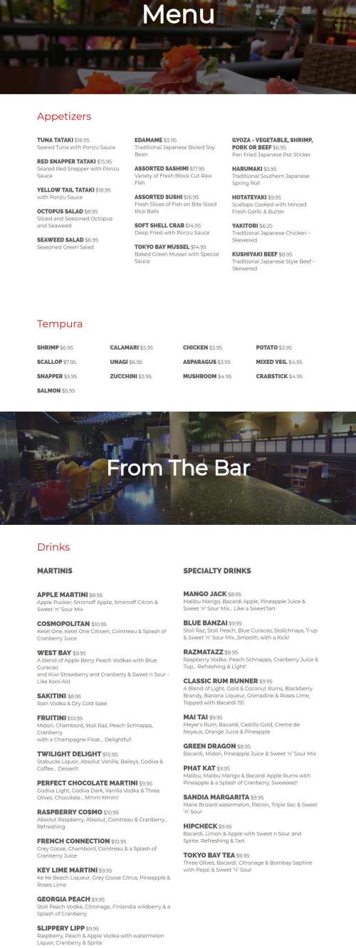 Tokyo Bay Bonita Springs menu in Bonita Springs, Florida, USA