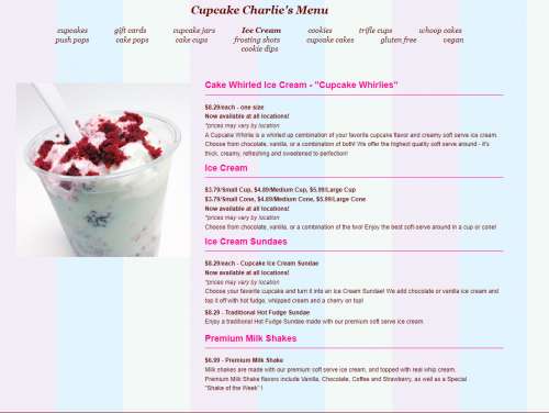 Cupcake Charlie's menu in Foxborough, Massachusetts, USA