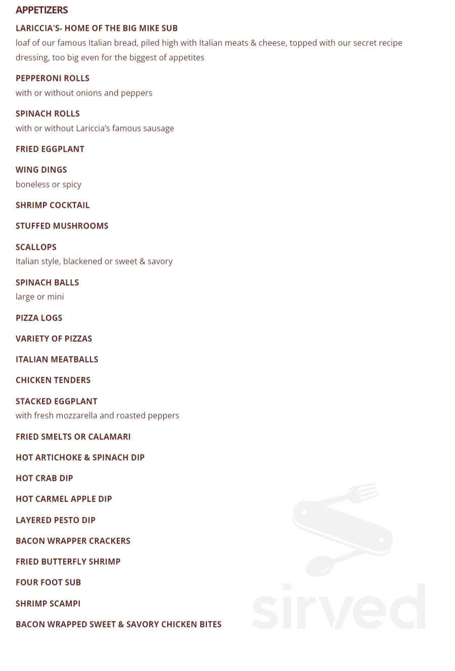 Lariccia's Italian Market Place Restaurant menu in Youngstown, Ohio, USA