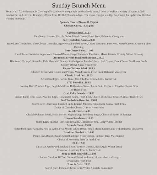 1703 Restaurant & Catering menu in Winston-Salem, North Carolina, USA