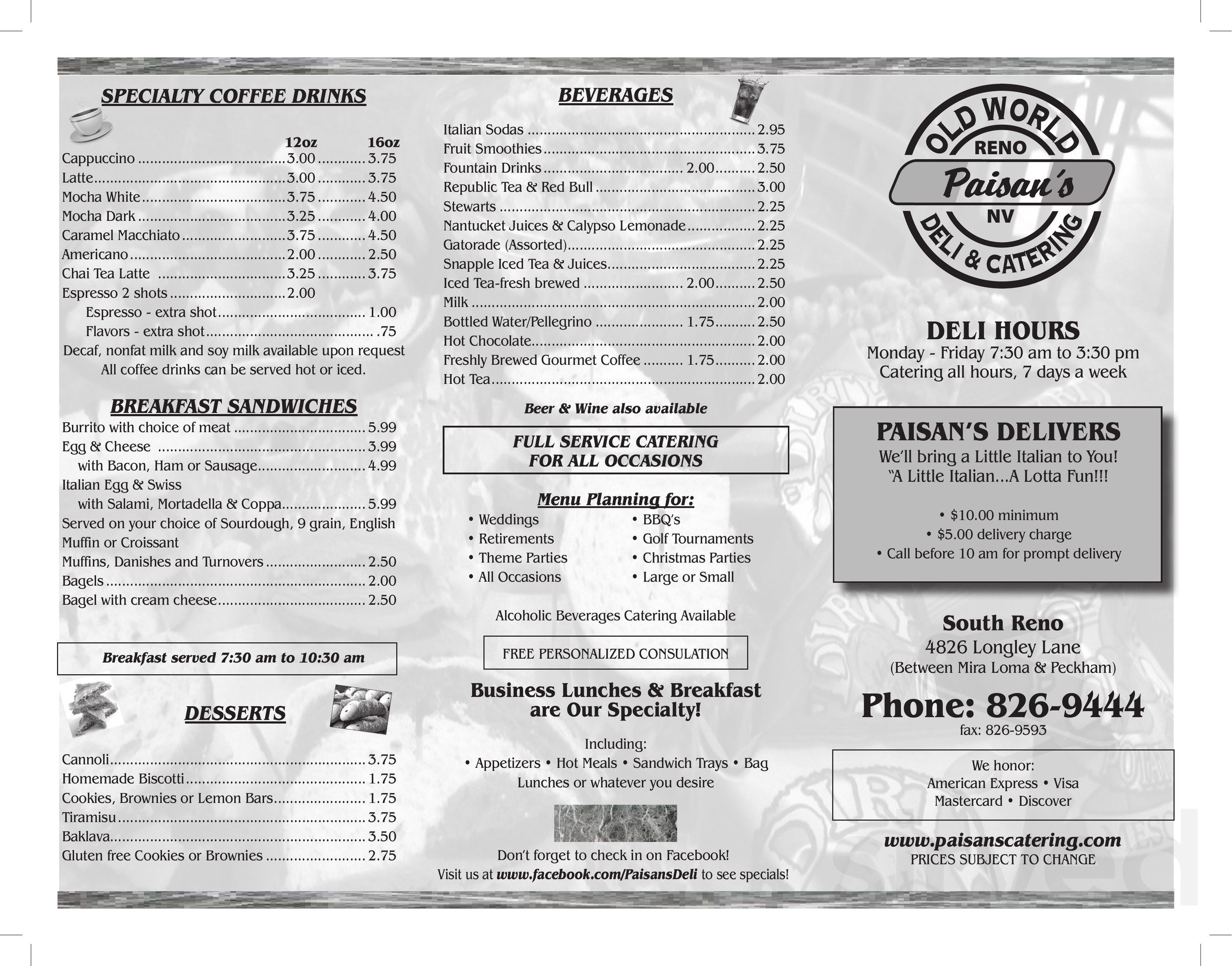 Paisan's Old World Deli & Catering menu in Reno, Nevada, USA