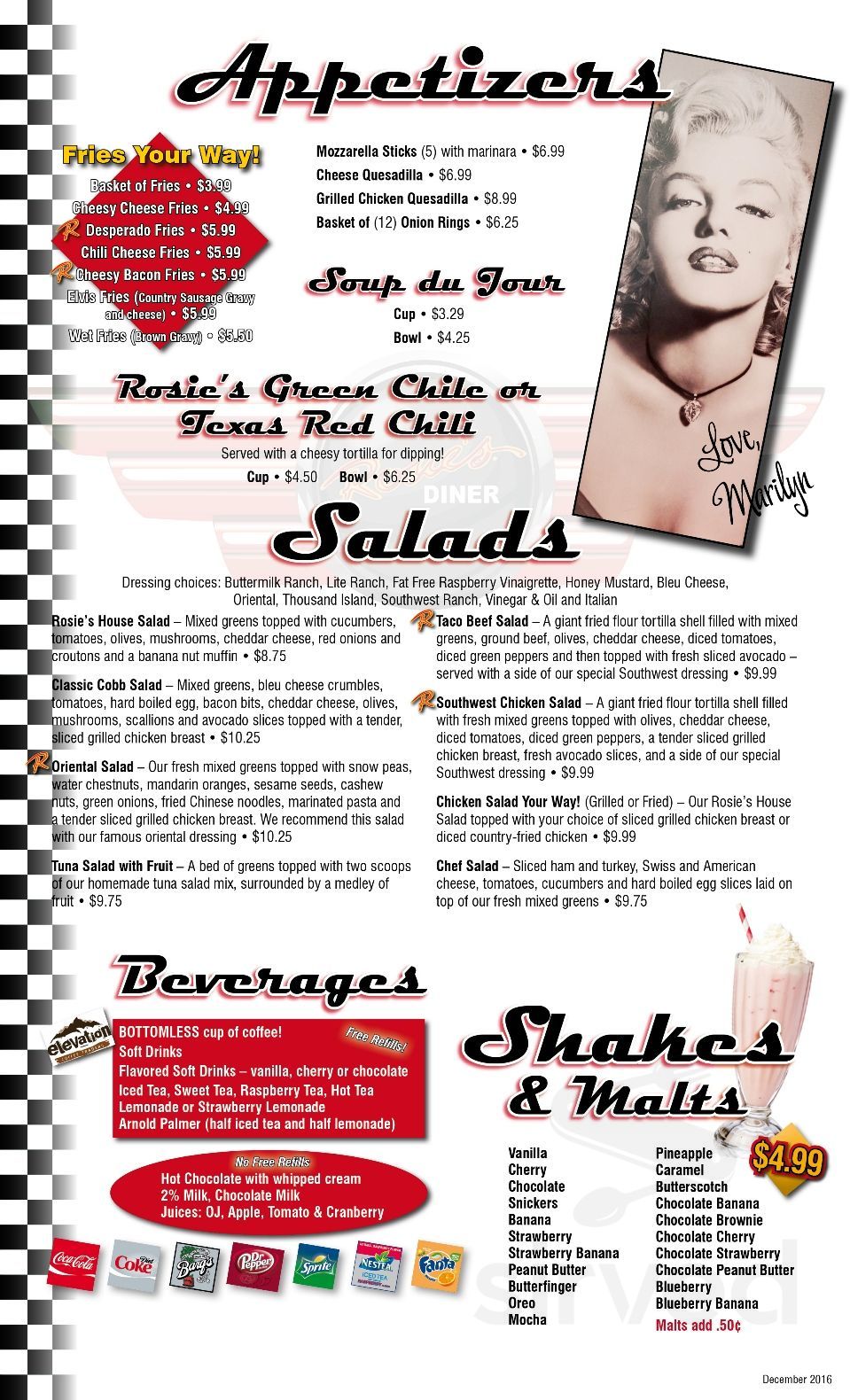 Rosie's Diner menu in Monument, Colorado, USA