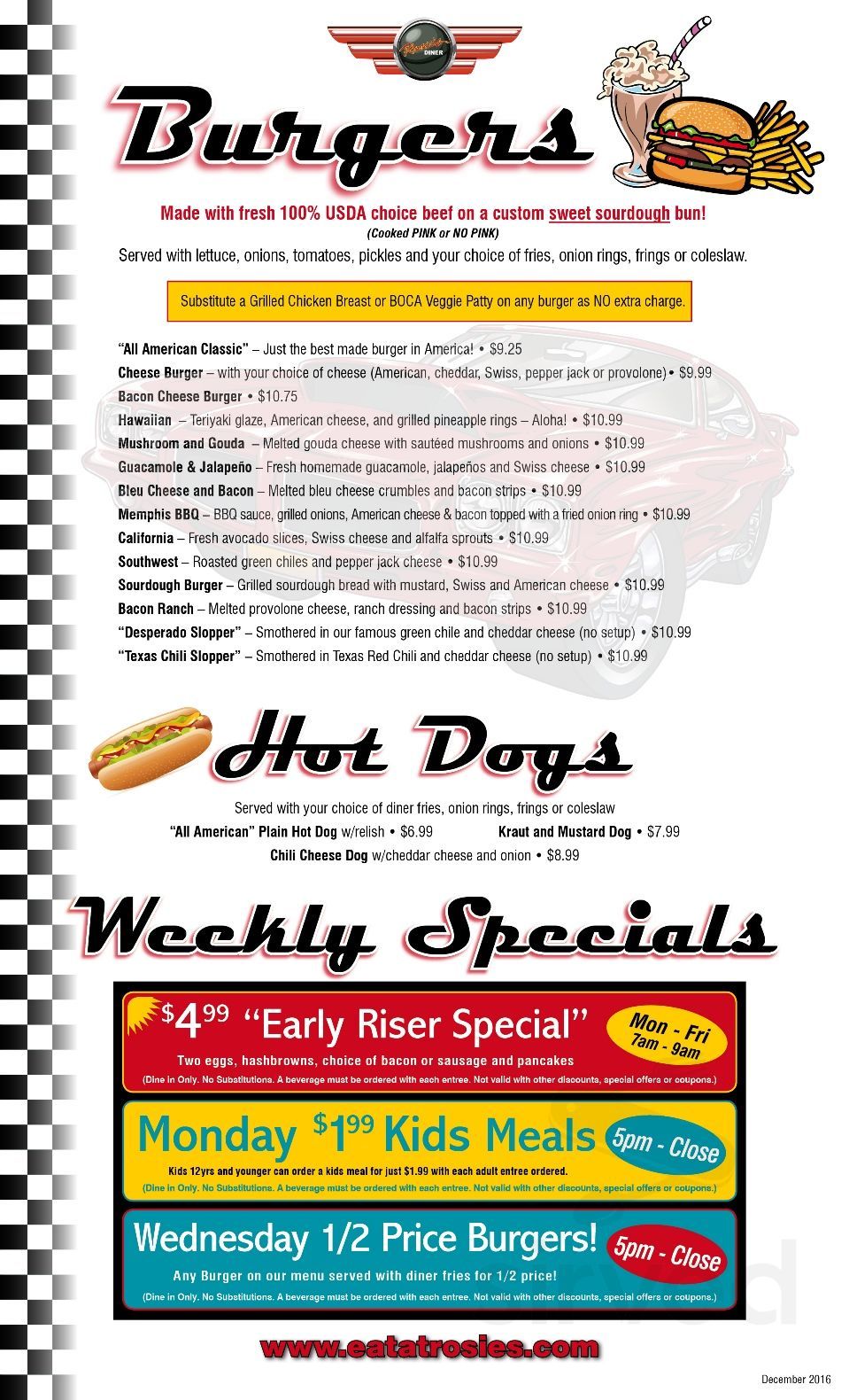 Rosie's Diner menu in Monument, Colorado, USA