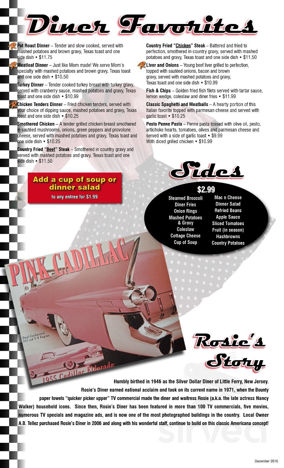 Rosie's Diner menu in Monument, Colorado, USA