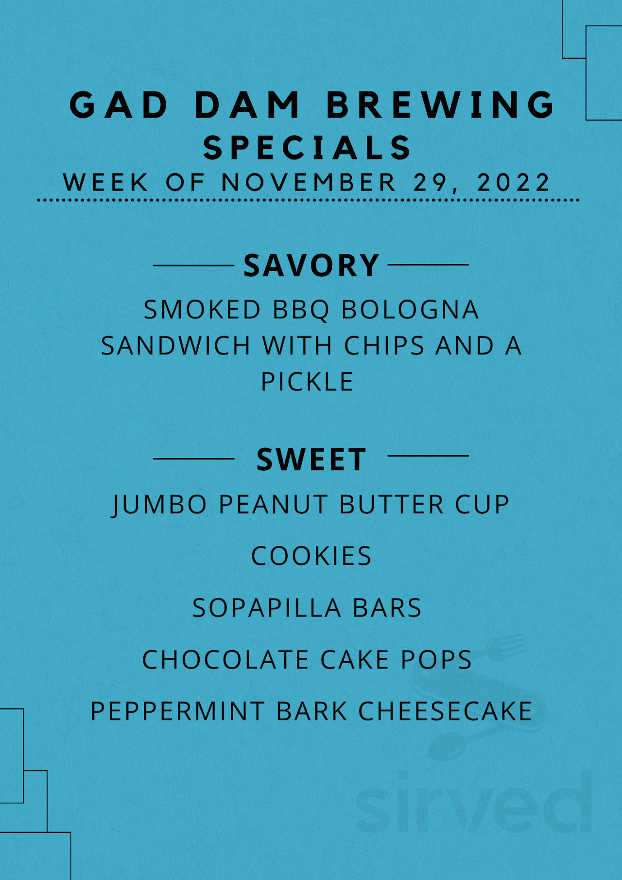 Gad Dam Brewing, LLC (GDB) menu in Summersville, West Virginia, USA
