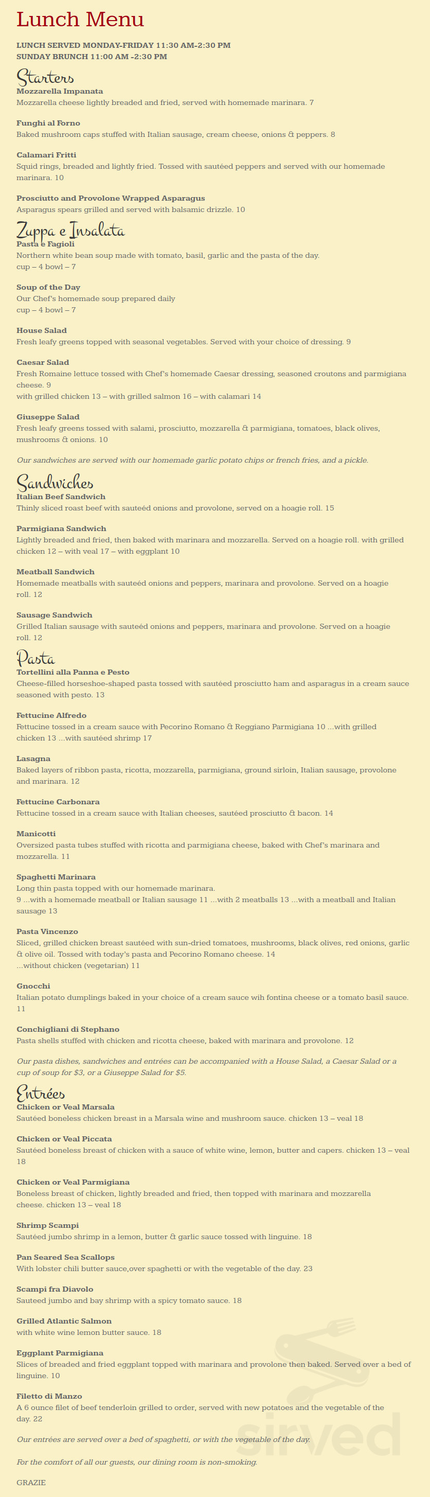 Menu for Giuseppe's Ristorante Italiano in Lexington, KY | Sirved