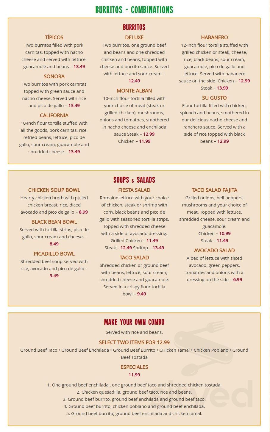 Monte Alban menu in Rochester, New York, USA