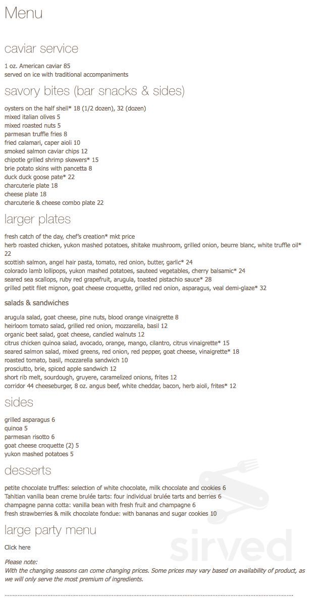 Corridor 44 menu in Denver, Colorado, USA