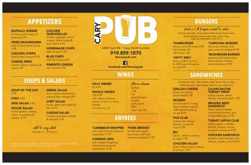 The Cary Pub menu in Cary, North Carolina, USA