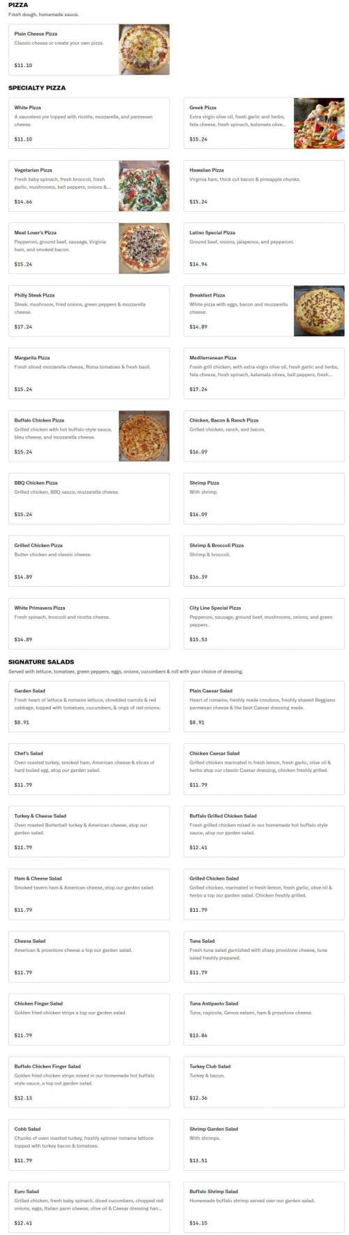 City Line Pizza menu in Philadelphia, Pennsylvania, USA