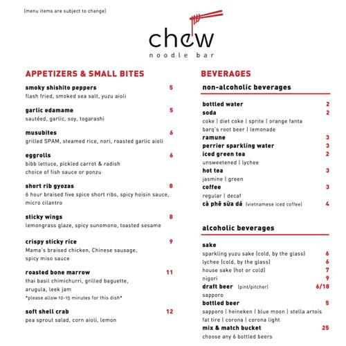 Chew Noodle Bar menu in Anaheim, California, USA