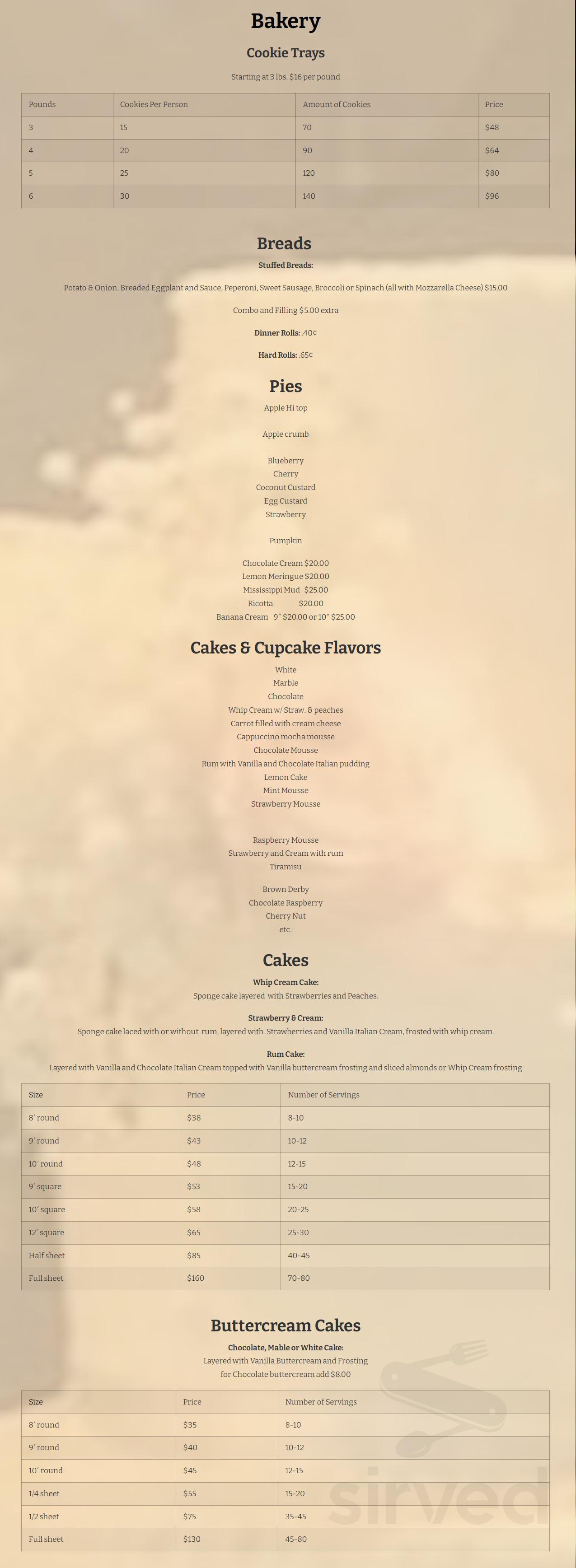 Menu - Middletown CT's Mazzotta's Bakery & Catering | Sirved