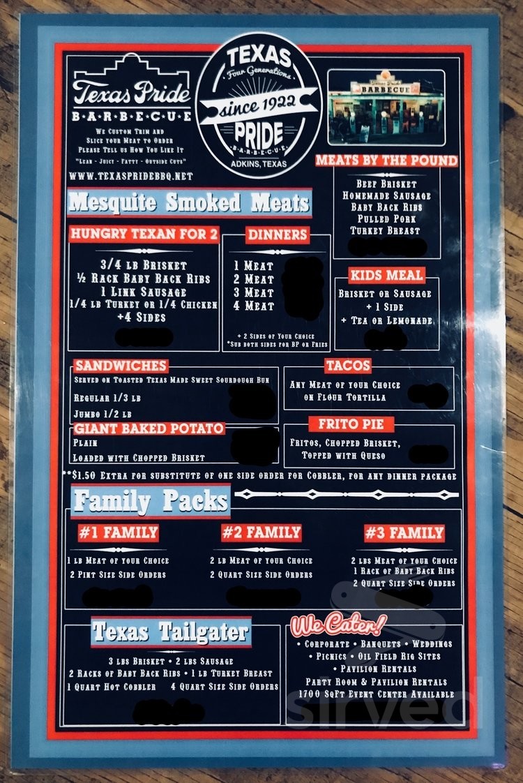 Menu - Adkins TX's Texas Pride Barbecue | Sirved