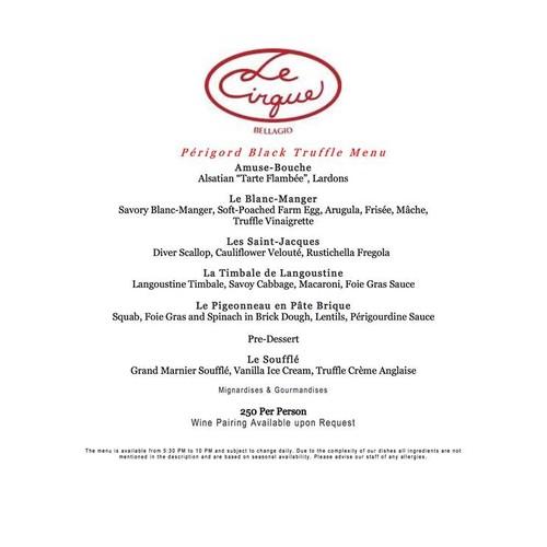 Le Cirque menu in Las Vegas, Nevada, USA