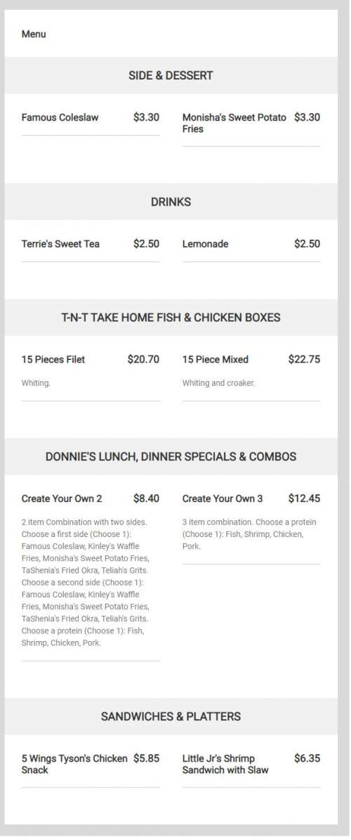 T-N-T Fish & Chicken LLC menu in Durham, North Carolina, USA