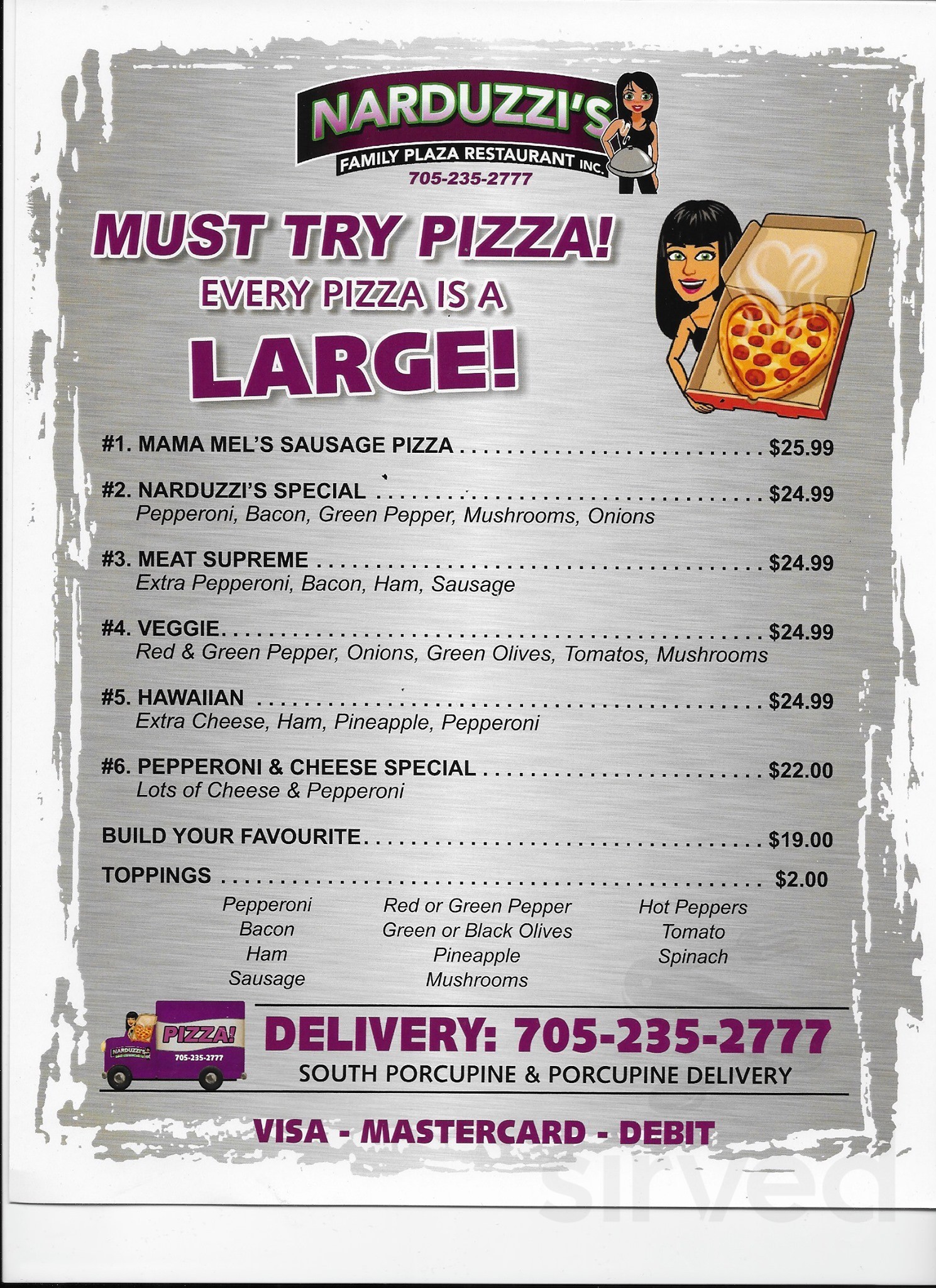 Menu - Porcupine ON's Narduzzi's Family Plaza Restaurant | Sirved