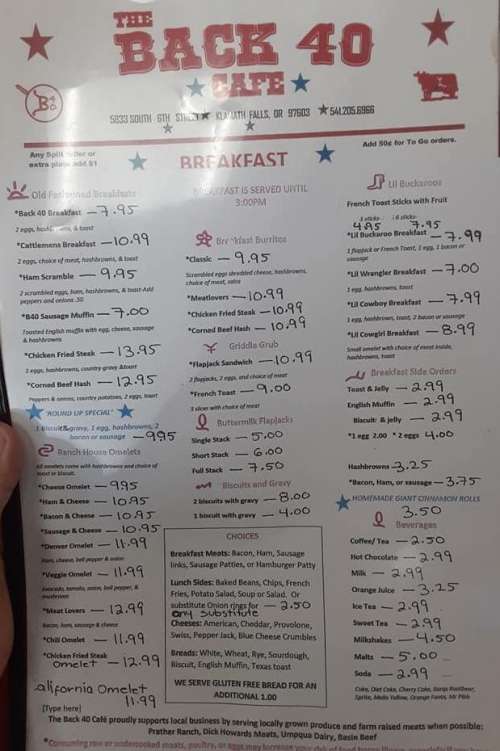 Back 40 Cafe menu in Klamath Falls, Oregon, USA