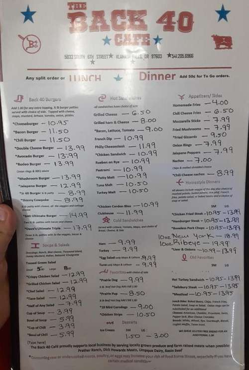 Back 40 Cafe menu in Klamath Falls, Oregon, USA
