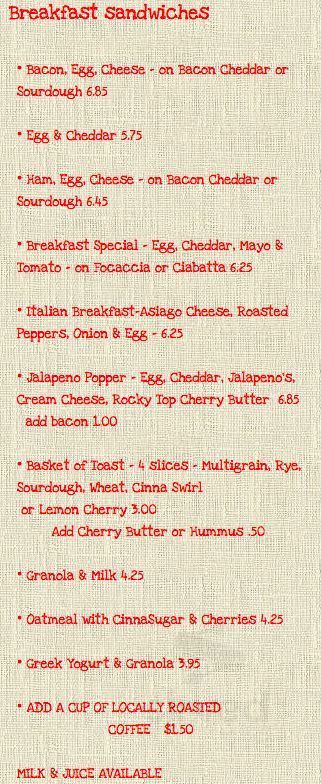 Bay Bread Company menu in Traverse City, Michigan, USA