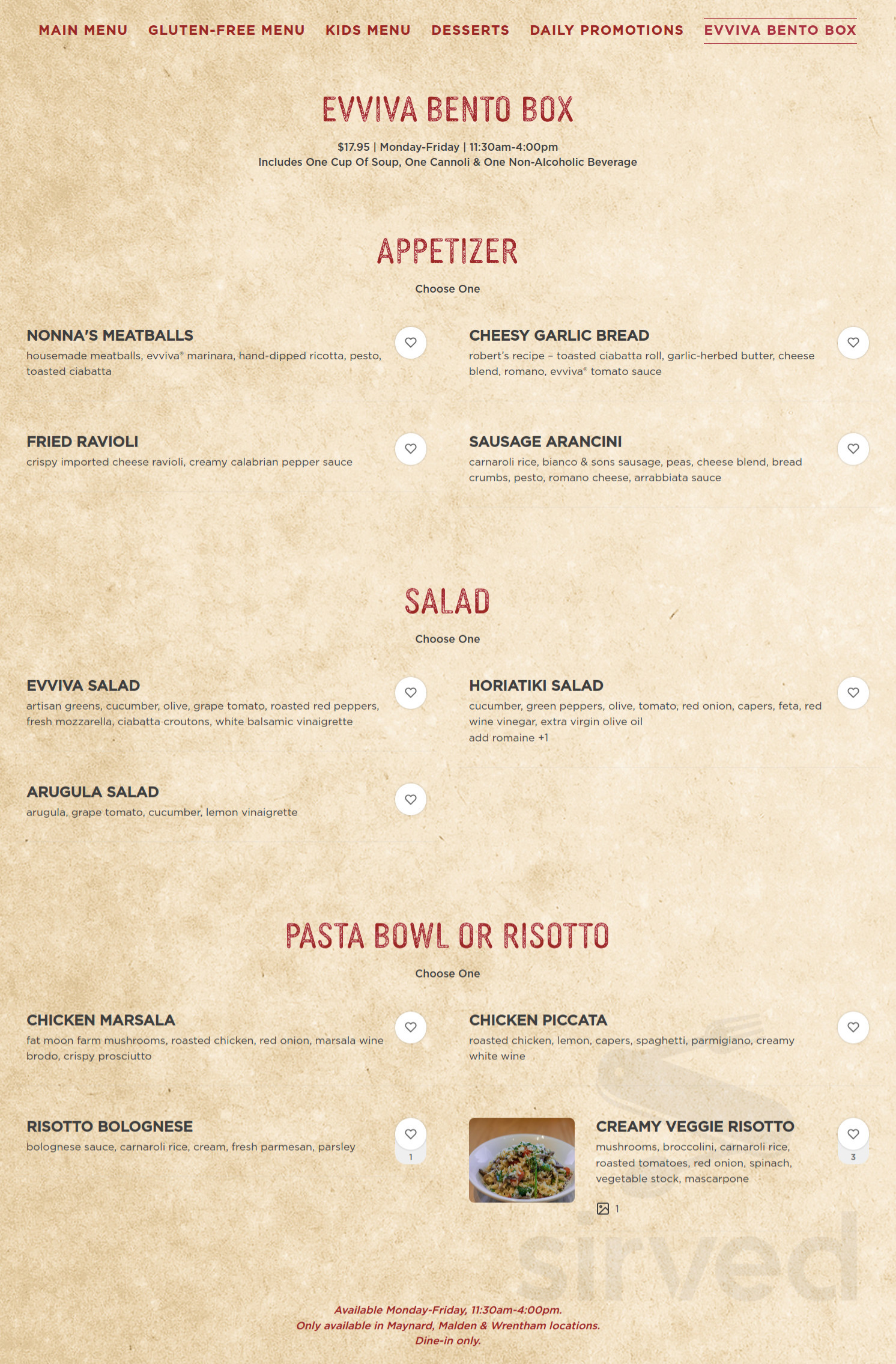 Evviva Trattoria - Malden menu in Malden, Massachusetts, USA