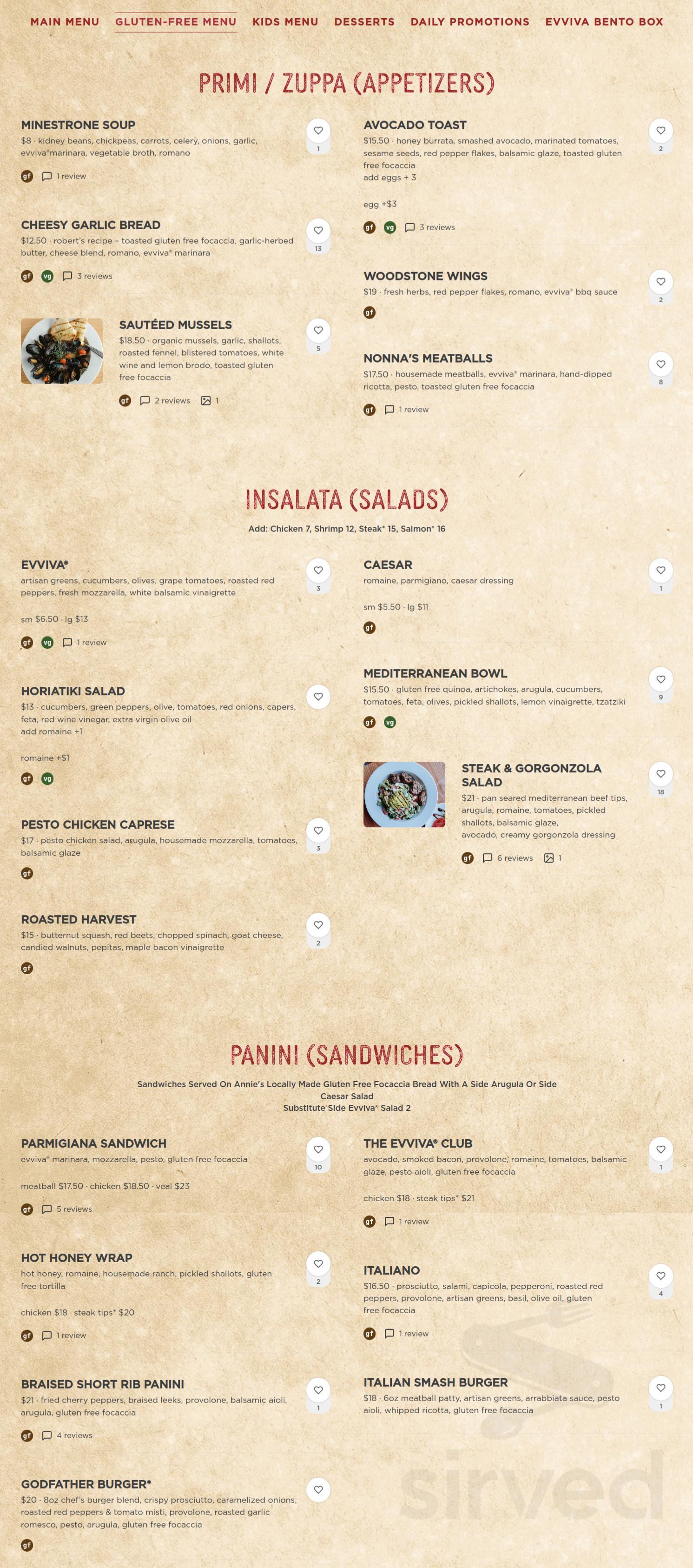 Evviva Trattoria - Malden menu in Malden, Massachusetts, USA