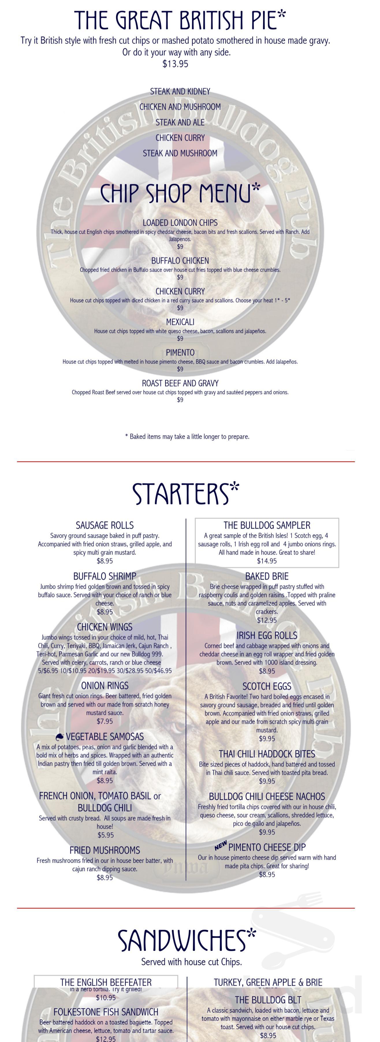 The British Bulldog Pub menu in Columbia, South Carolina, USA