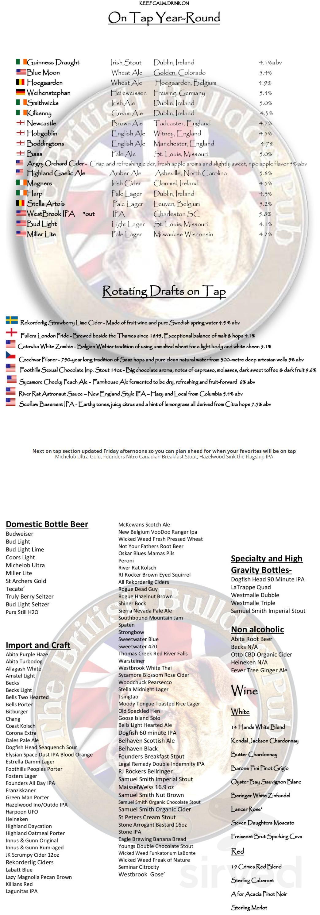 The British Bulldog Pub menu in Columbia, South Carolina, USA