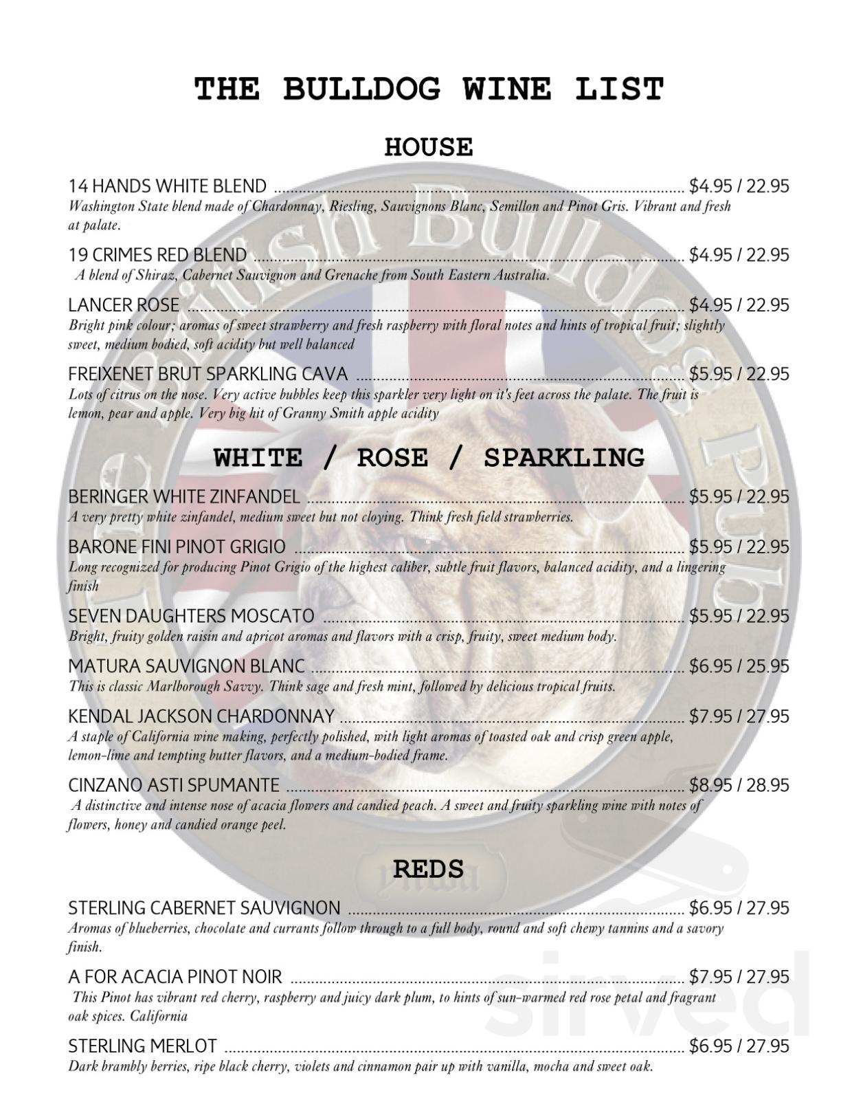 The British Bulldog Pub menu in Columbia, South Carolina, USA