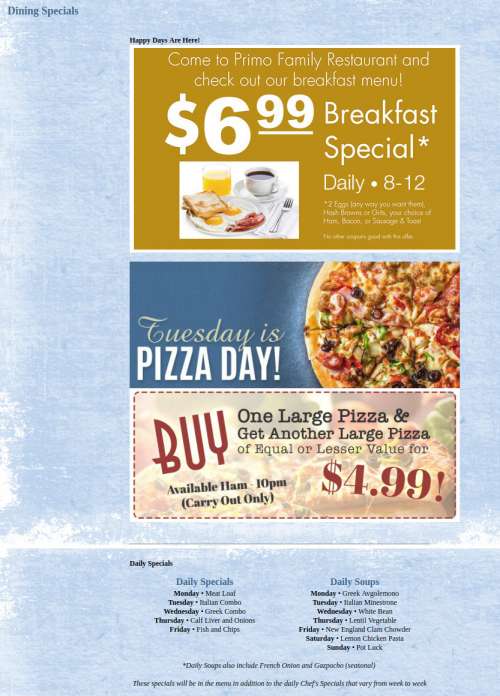 Primo Family Restaurant menu in Alexandria, Virginia, USA