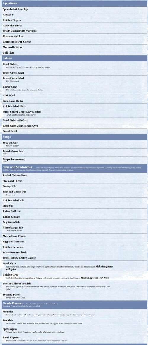 Primo Family Restaurant menu in Alexandria, Virginia, USA