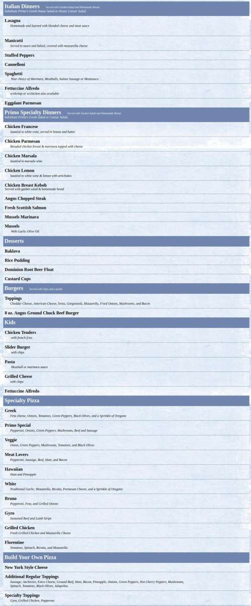 Primo Family Restaurant menu in Alexandria, Virginia, USA