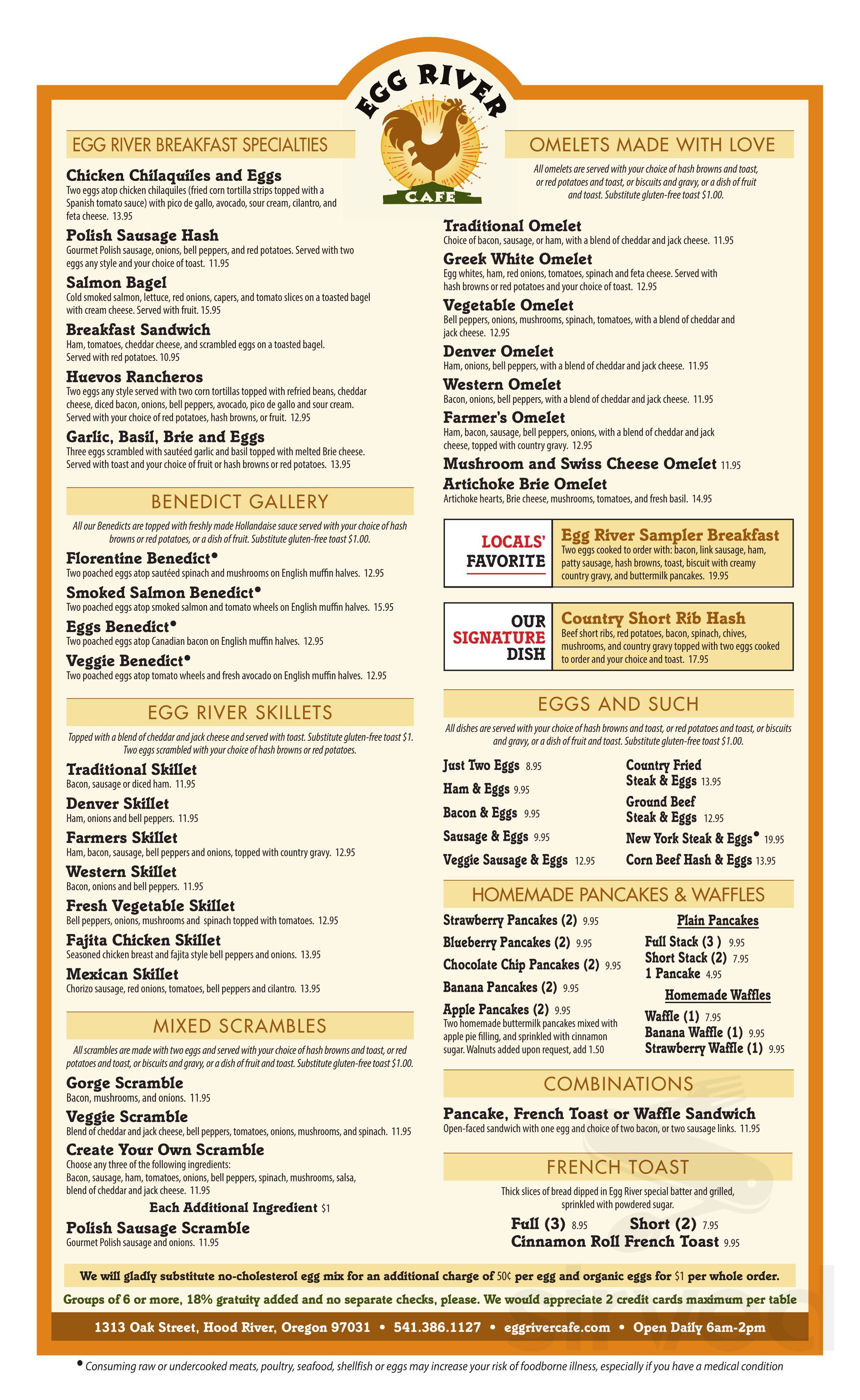 Egg River Café menu in Hood River, Oregon, USA