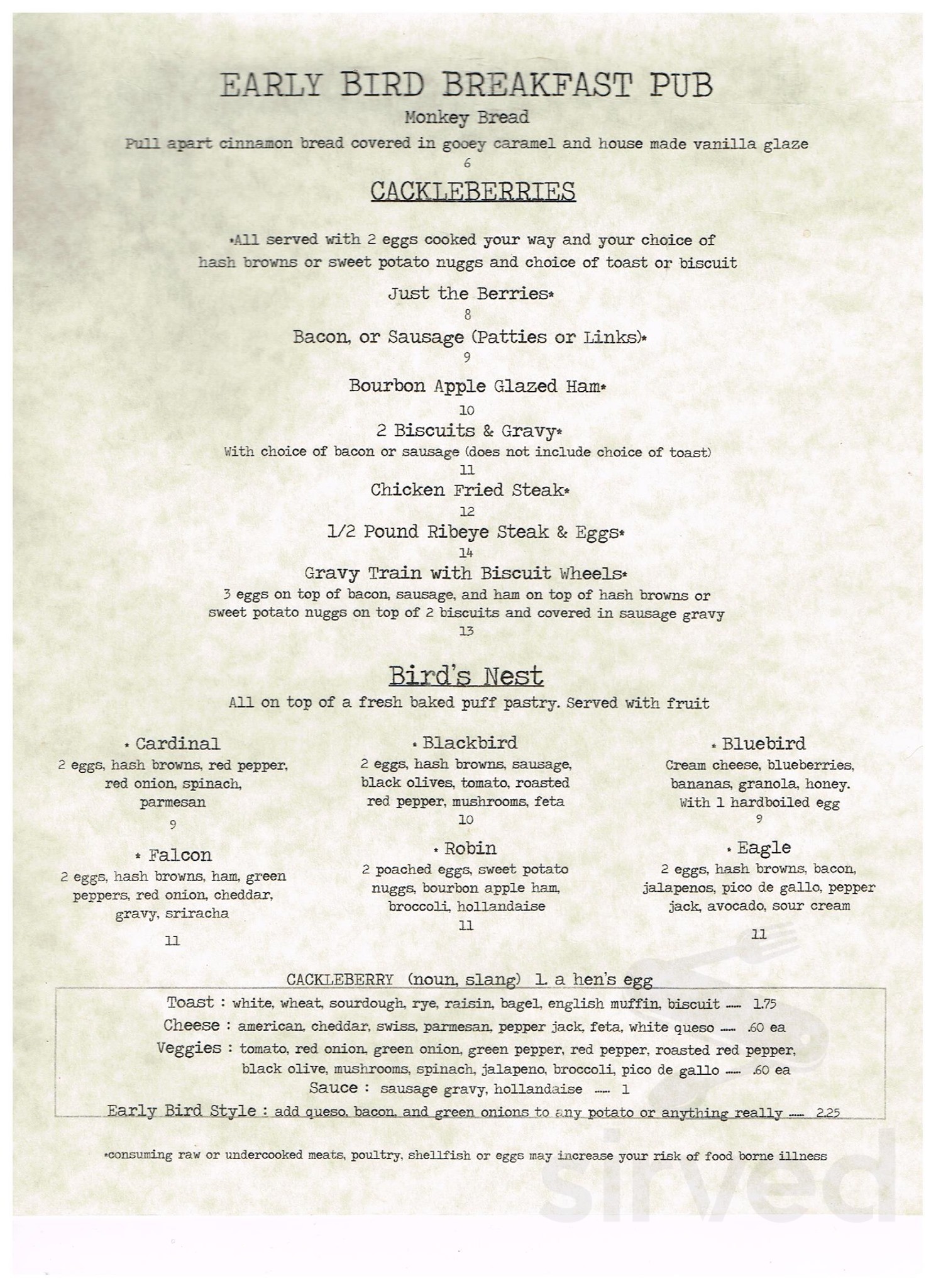 Menu - Springfield MO's Early Bird Breakfast Pub | Sirved