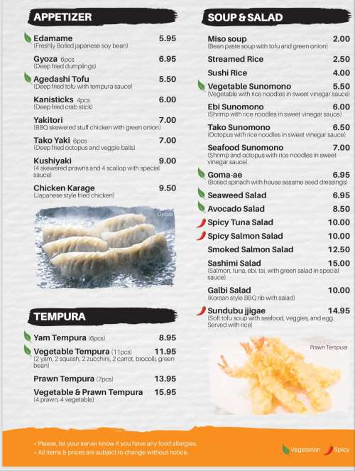 Arigato Sushi menu in Summerside, Prince Edward Island, Canada
